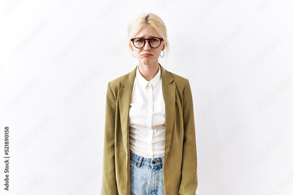 Beautiful caucasian business woman standing over isolated background ...