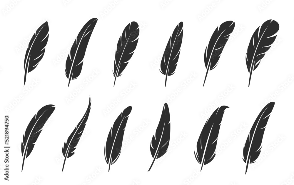 Quill feather icons. Vector silhouettes of black bird plume with curved ...