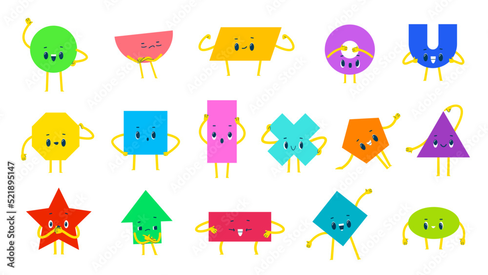 Math shape characters with funny geometric figures, vector geometry ...