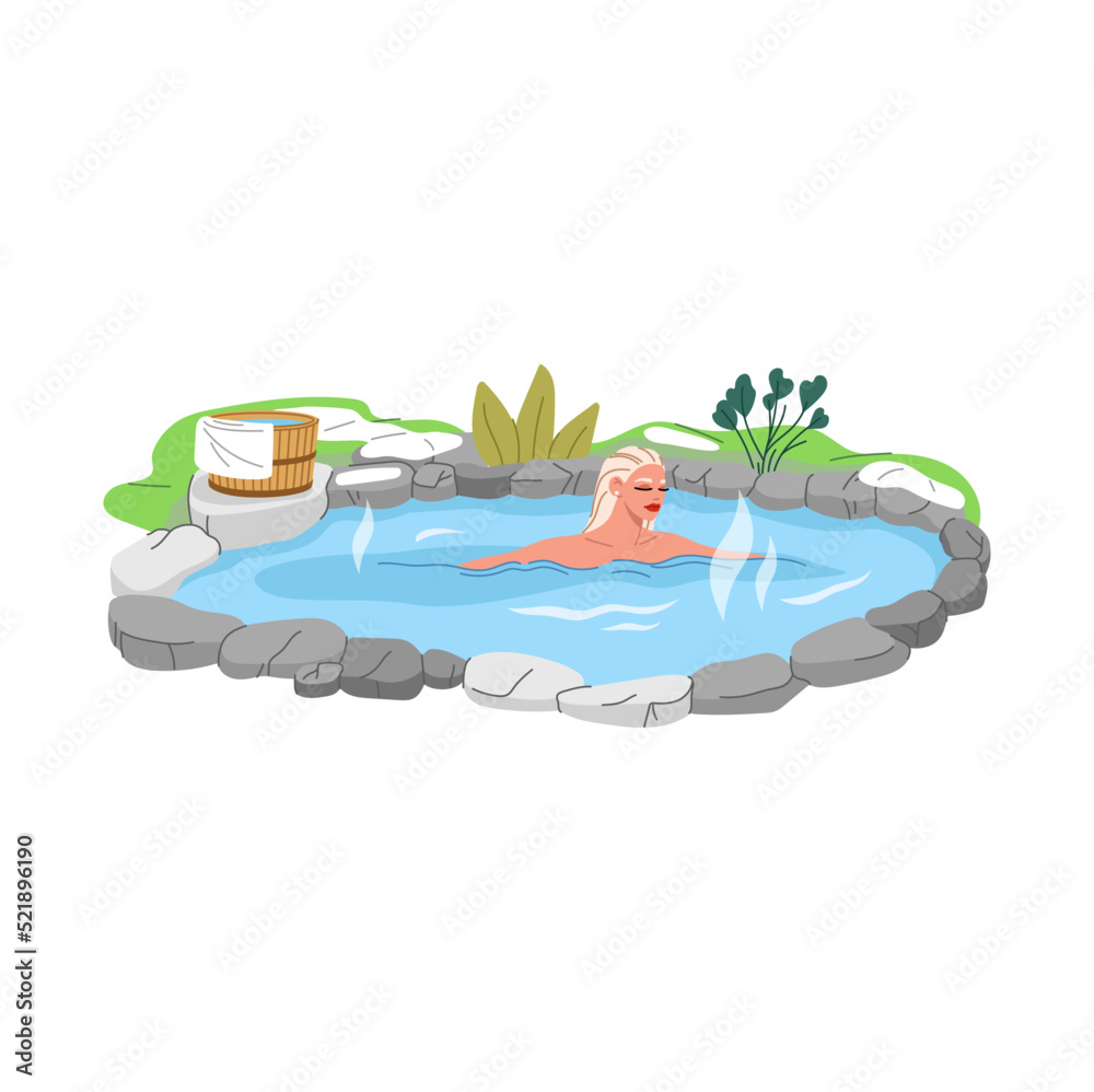 Japan onsen hot spring bath of japanese spa hotel. Vector young woman ...