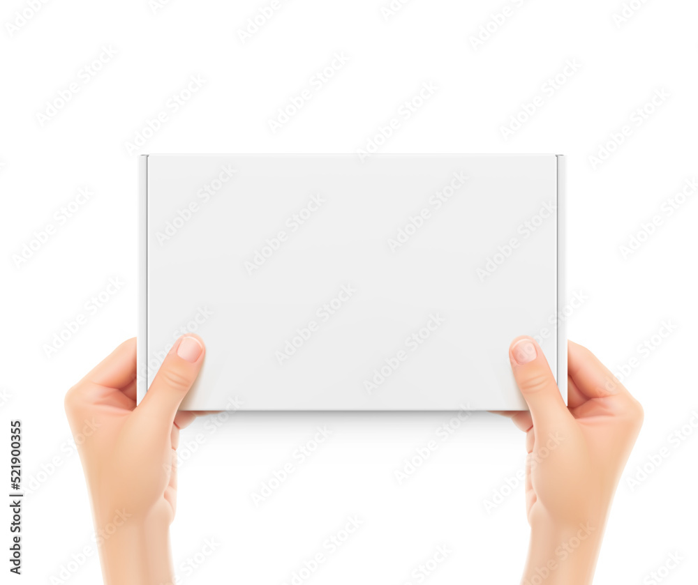 Realistic mailing box mockup with holding hands. Vector illustration ...