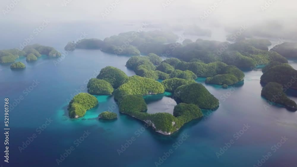 Palau, Rock Islands. Aerial footage of limestone island with Beautiful ...