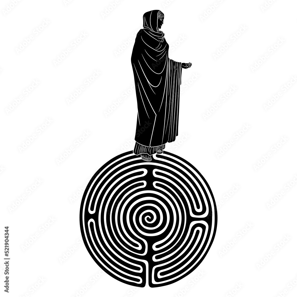 Ancient Greek woman or goddess standing on top of a round spiral maze ...