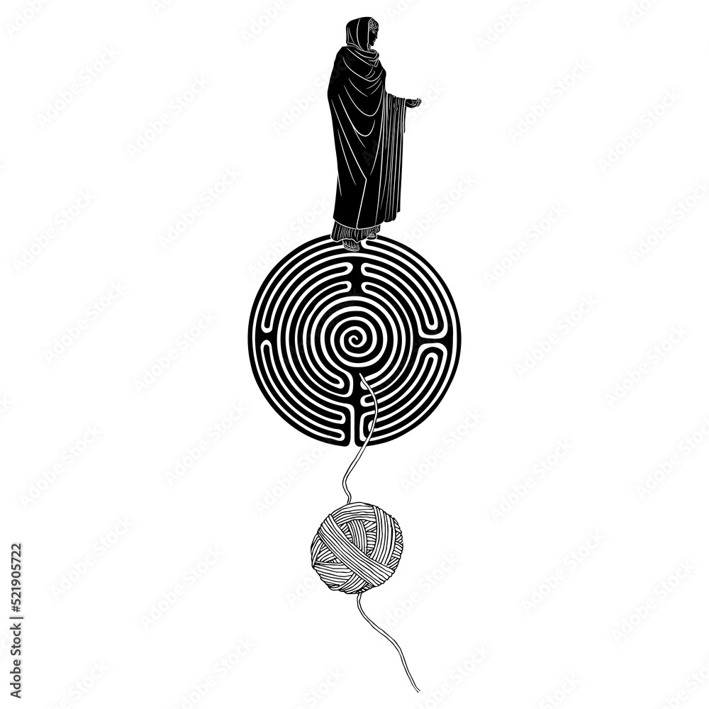 Ancient Greek woman or goddess standing on top of a round spiral maze ...