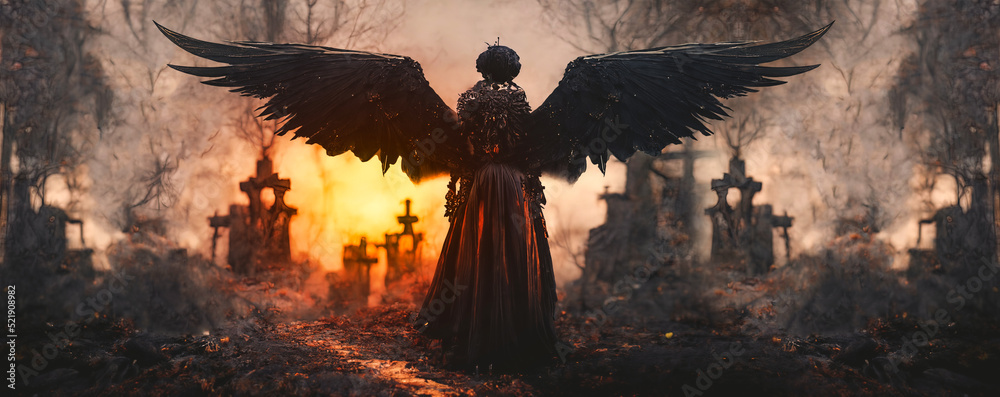 Fantasy black angel. Black angel feathers. Fantasy landscape of a ...
