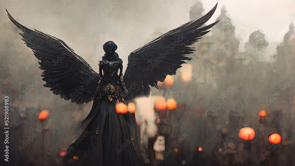 Fantasy black angel. Black angel feathers. Fantasy landscape of a ...