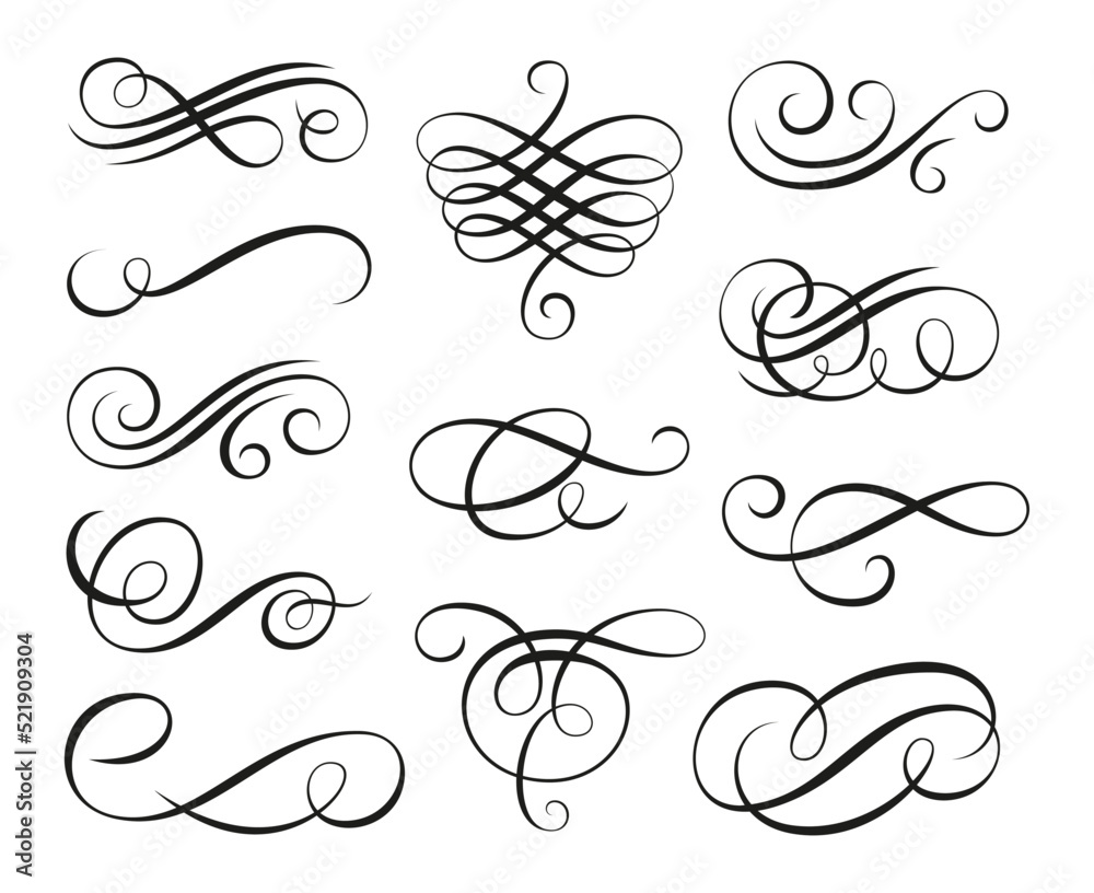 Vintage swirl ornament, line style flourishes set. Filigree calligraphic ornamental curls ...