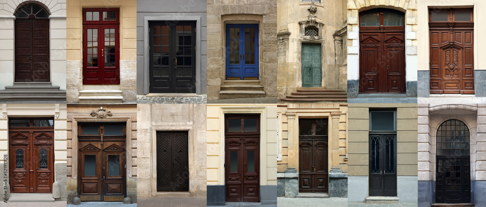 Collage with photos of old buildings with elegant wooden front doors ...