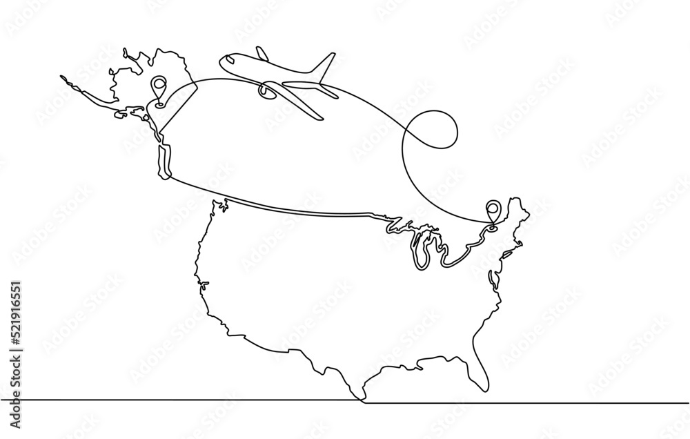 Continuous one line drawing of airplane flight routes in the United ...