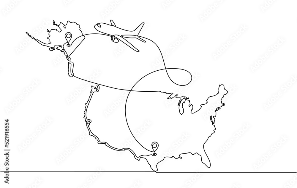 Continuous one line drawing of airplane flight routes in the United ...