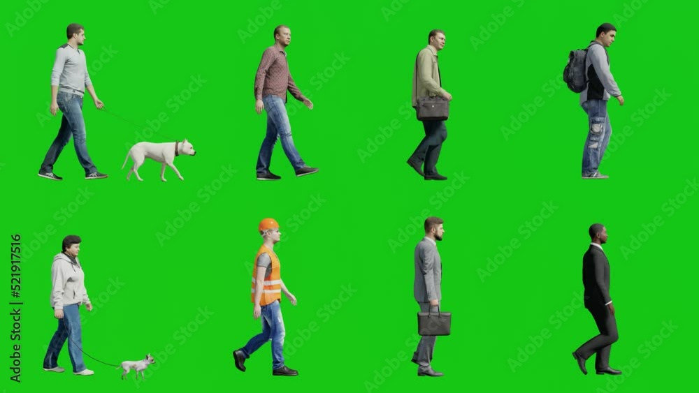 3D people walking on green screen background chroma key, Isolated group ...
