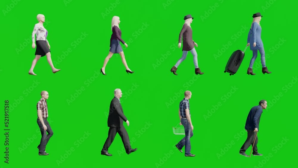 3D people walking on green screen background chroma key, Isolated group ...
