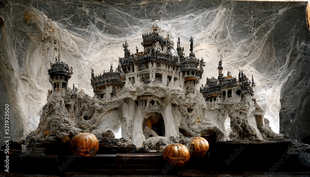Spooky haunted house castle with pumpkins Halloween concept background ...