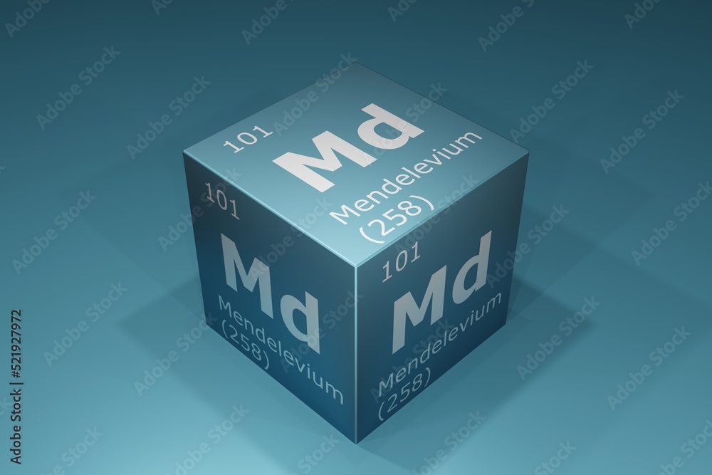 Mendelevium, 3D rendering of symbols of the elements of the periodic ...