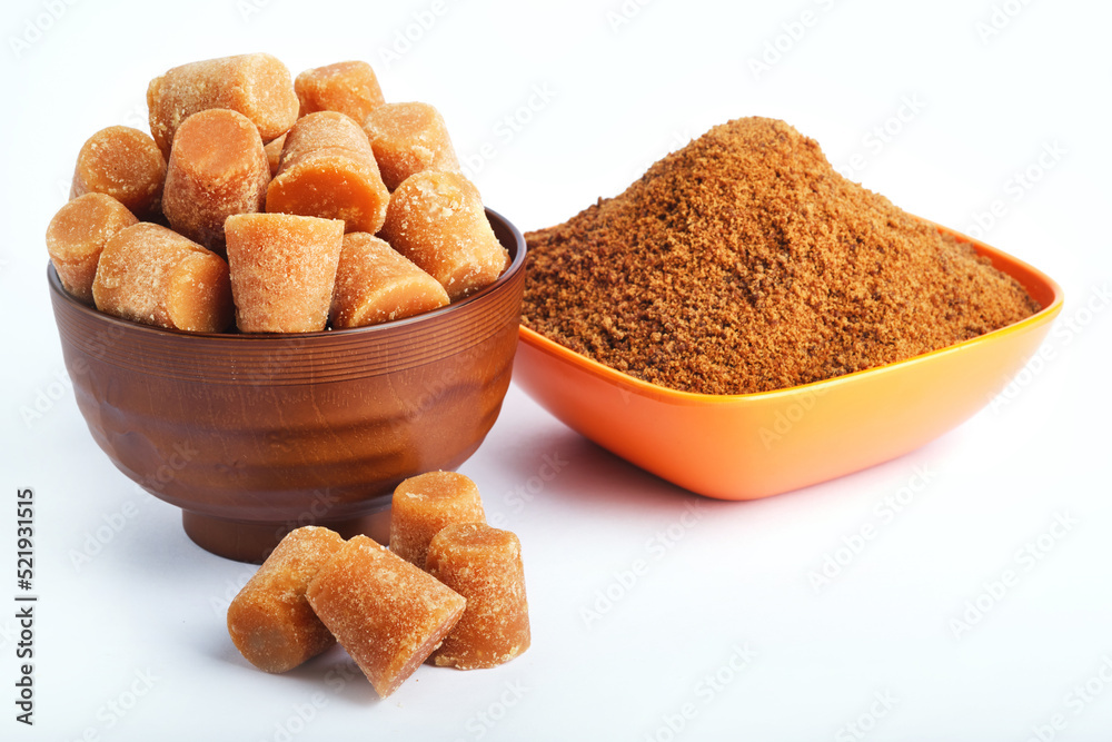 Organic Gur or Jaggery Powder and cubes, Jaggery is used as an ...