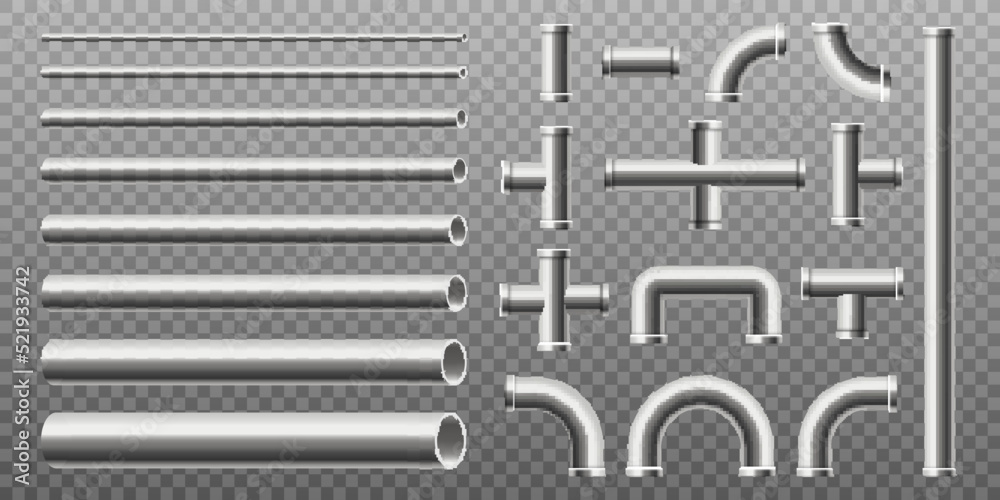 Steel straight, curved pipes collection in realistic vector ...