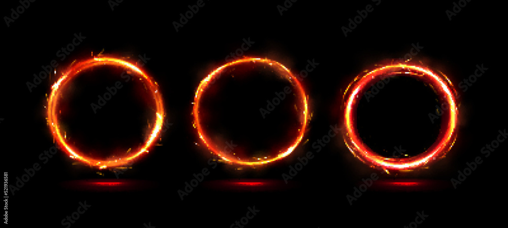 Fire rings, burning circle frames with glow and sparks isolated on ...