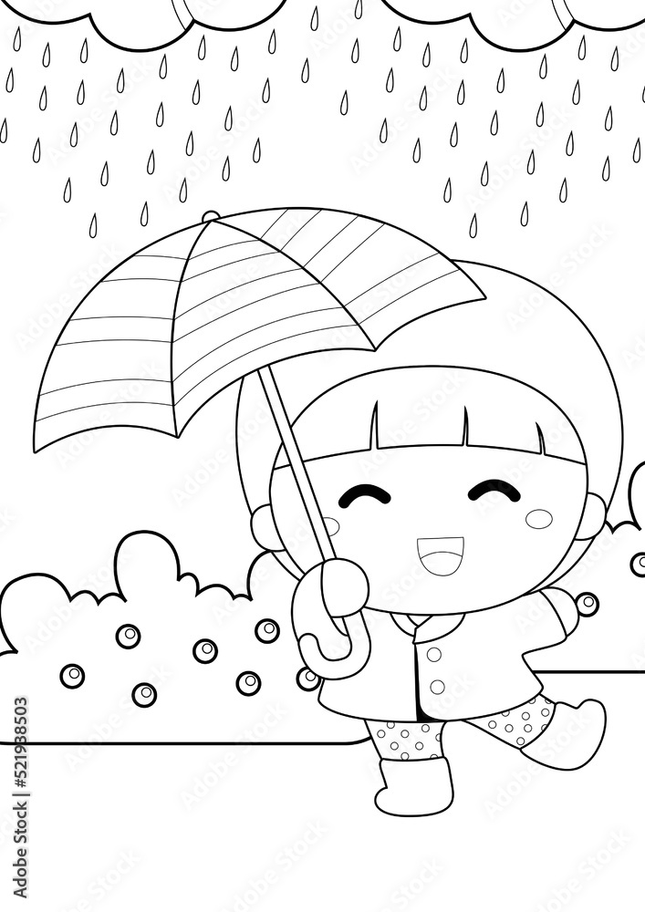 Kids and Rain Animal Theme Coloring Pages A4 for Kids and Adult Stock ...