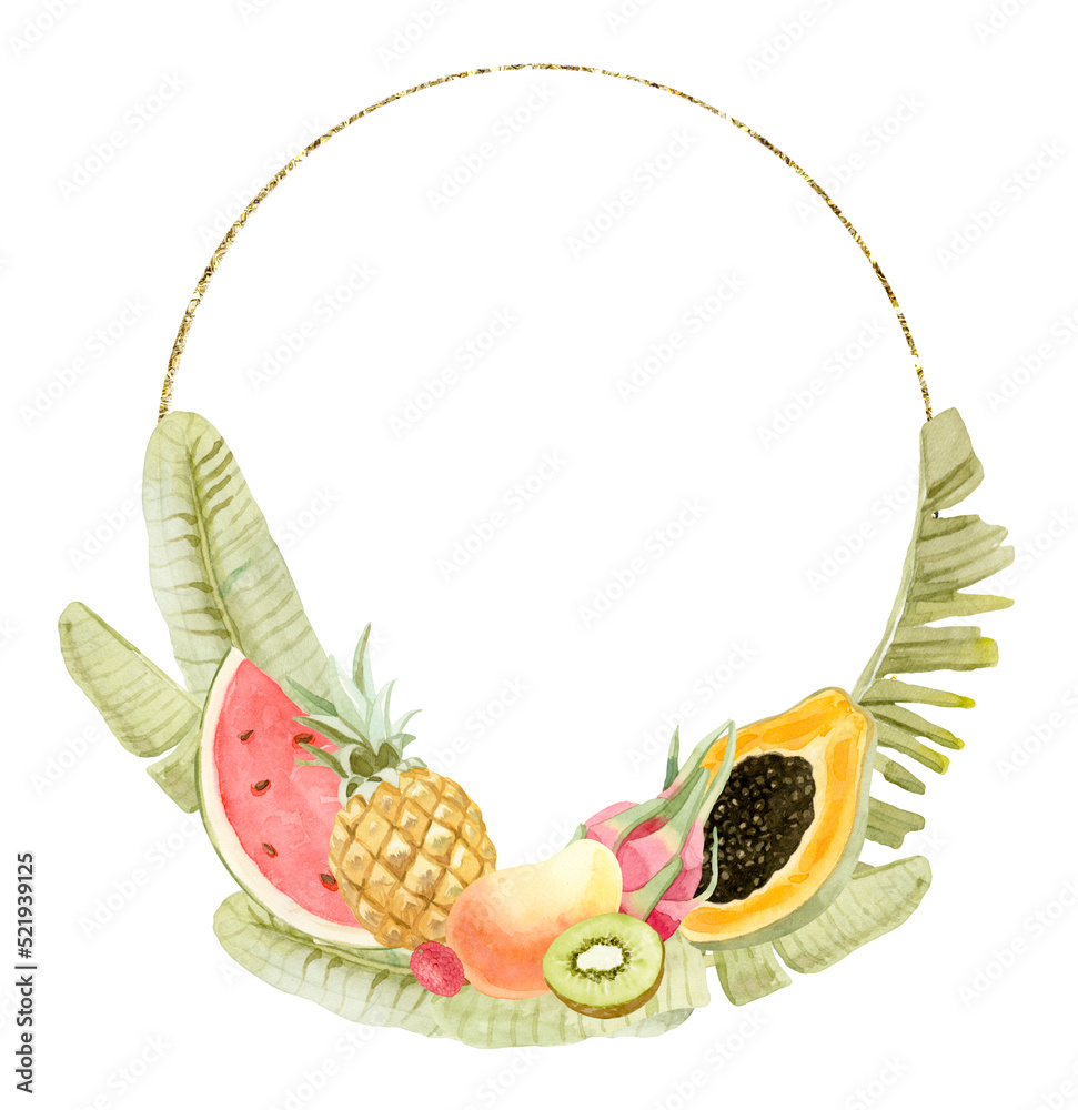 Summer wreath, border, frame with tropical fruits, flowers and palm ...
