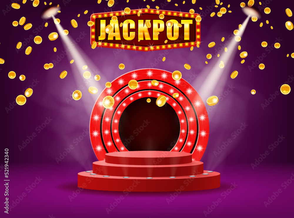 Jackpot shining banner podium platform winner falling gold coins. Round ...