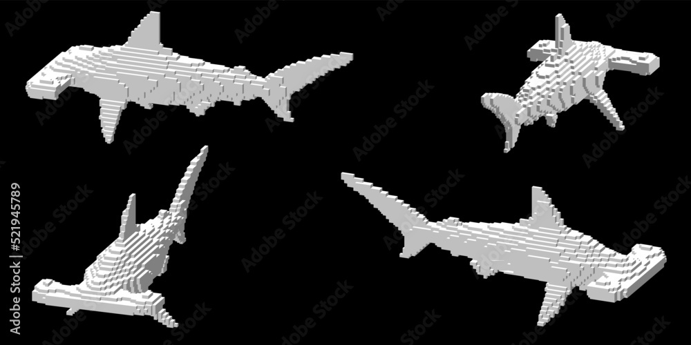 Hammerhead Shark made from cubes. Voxel art. Futuristic concept. 3d ...