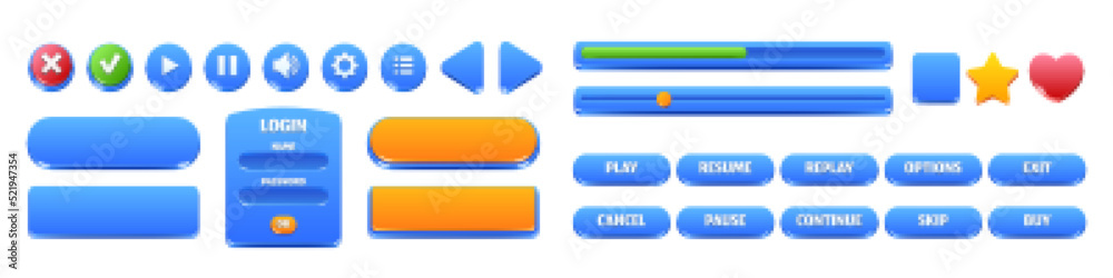 Glossy blue buttons and frames for ui game interface. Vector cartoon ...