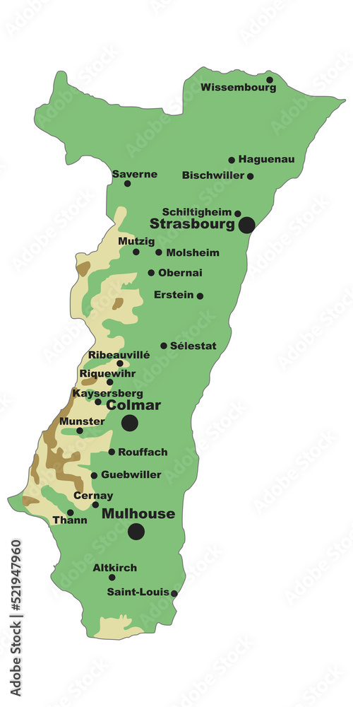 Alsace Map with cities and towns Stock Illustration | Adobe Stock