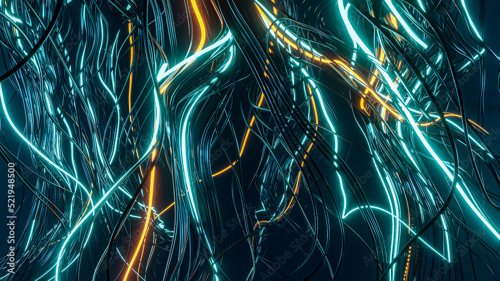 Abstract metallic hair turbulence structure with neon colors, lightning ...