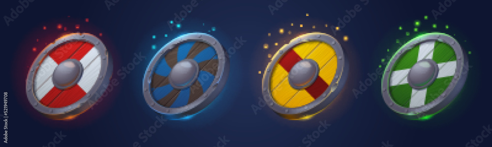 Medieval round shields icons for game design. Vector cartoon set of ...