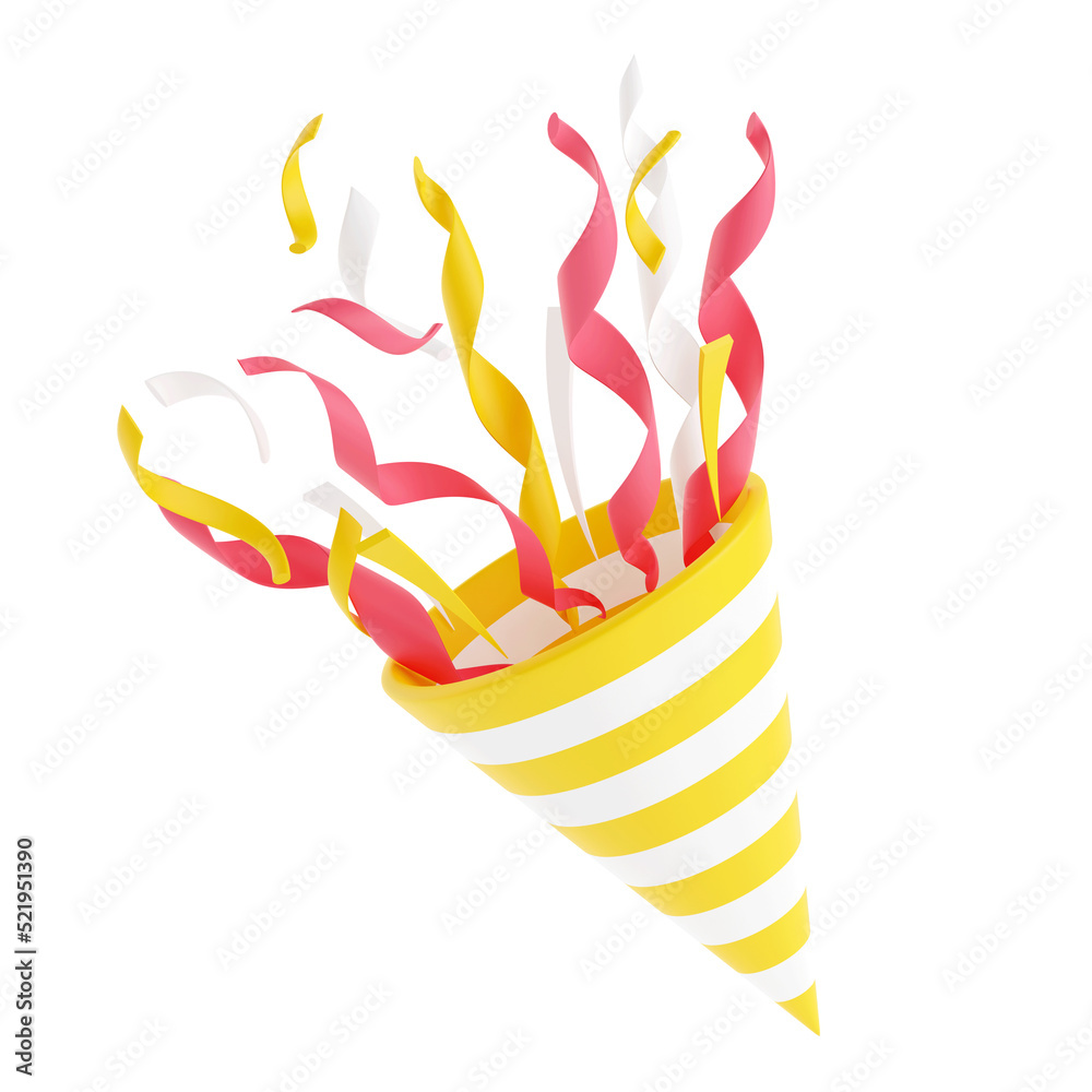 Party popper with flying confetti 3d render illustration. Firecracker ...