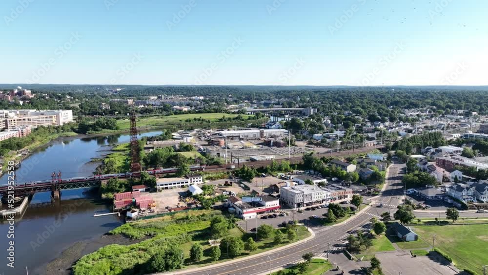 An aerial view by the Norwalk River Railroad Bridge on a sunny morning ...