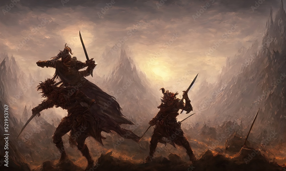 Fantasy medieval battle of the warriors of good and evil. Battlefield is on fire, deadly battle ...