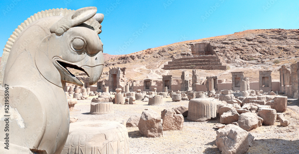 Stone sculpture of griffin and Ruins of Palace of 100 columns and tomb ...