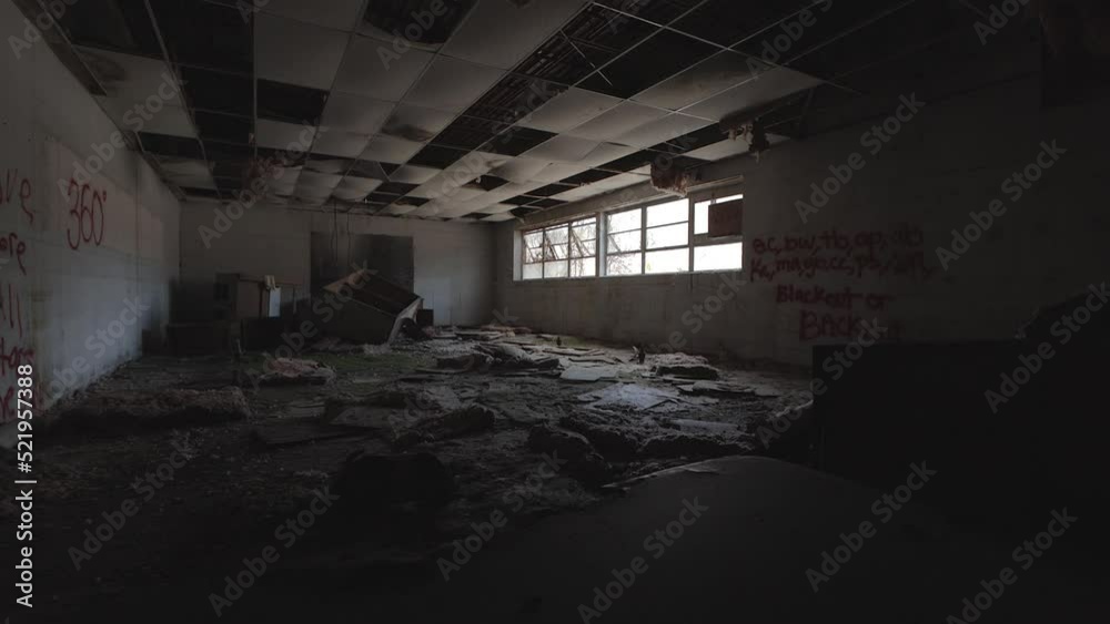 Slider Footage of an Abandoned High School Classroom with Decaying Drop ...