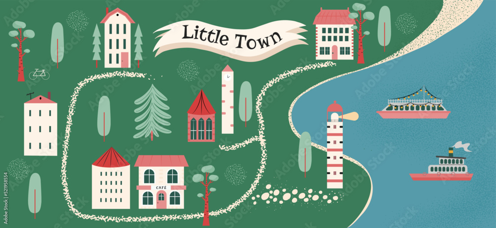 Hand drawn cute childish map with little town on the coastline. Flat ...