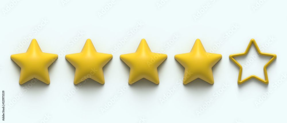 Five 5 star rank sign. Four gold stars from five. Ranking system. 3d render glossy golden stars ...