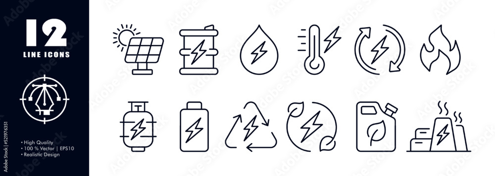 Electrical energy sources set icon. Solar battery, fuel, water ...