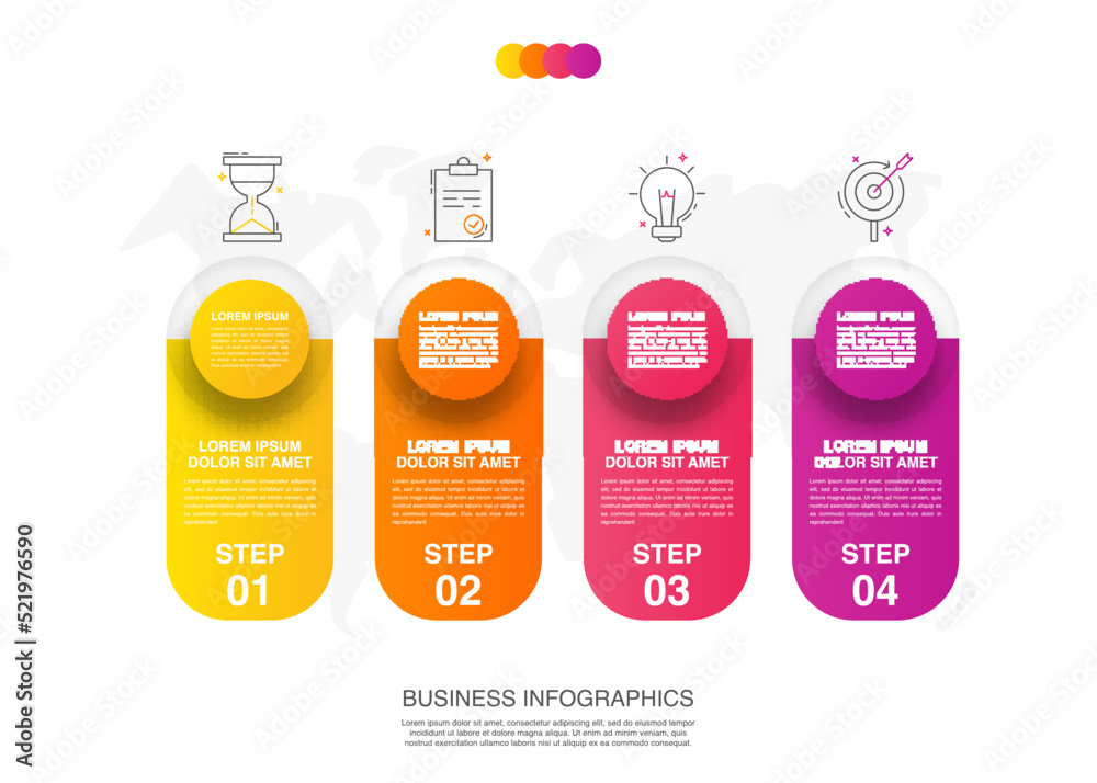 Modern vector infographics design template. Concept with 4 steps, labels. Creative timeline with ...