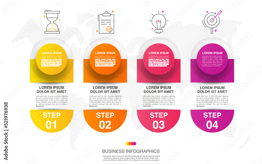 Modern vector infographics design template. Concept with 4 steps, labels. Creative timeline with ...