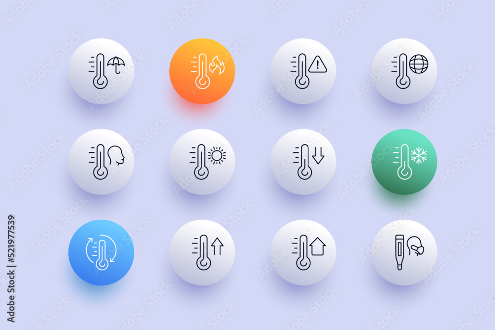 Temperature measurement set icon. Umbrella, fire, warning, planet, man ...