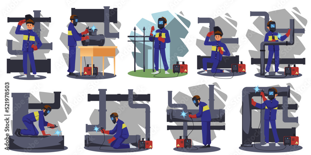 Welding industrial work banners with workers, flat vector illustration ...