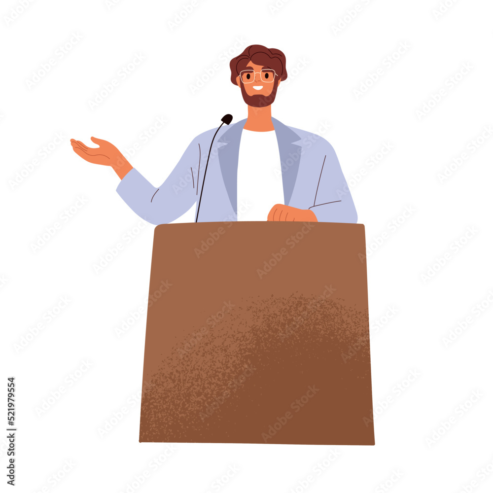 Confident speaker behind podium. Happy business man speaking at rostrum ...