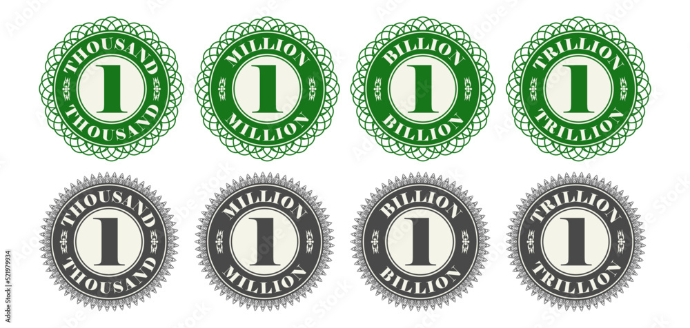 Vector set of bank green and gray seals with inscription, one thousand ...