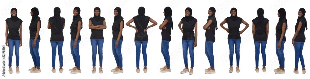 line of view of standing woman front, side and back view on white ...