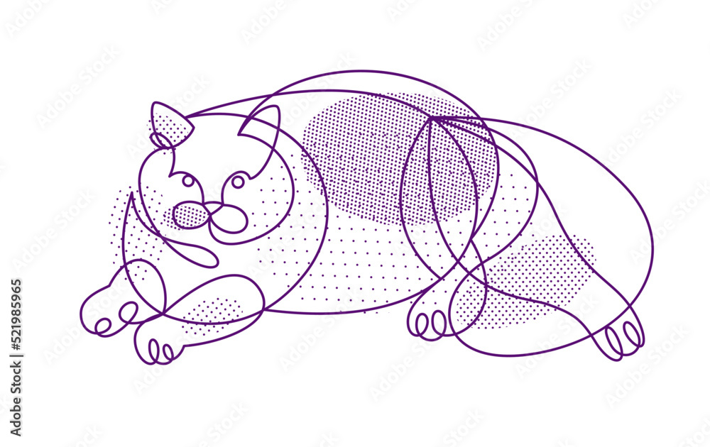 Fat and lazy cat line art vector illustration, linear drawing of ...