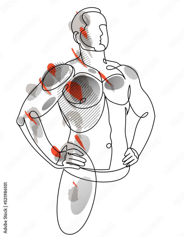 Athletic man torso vector linear illustration, male beauty with perfect ...