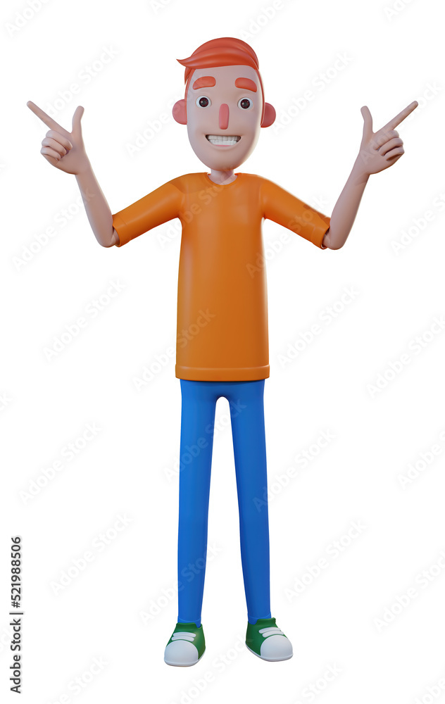 3D illustration happy boy pointing in both directions, left and right ...