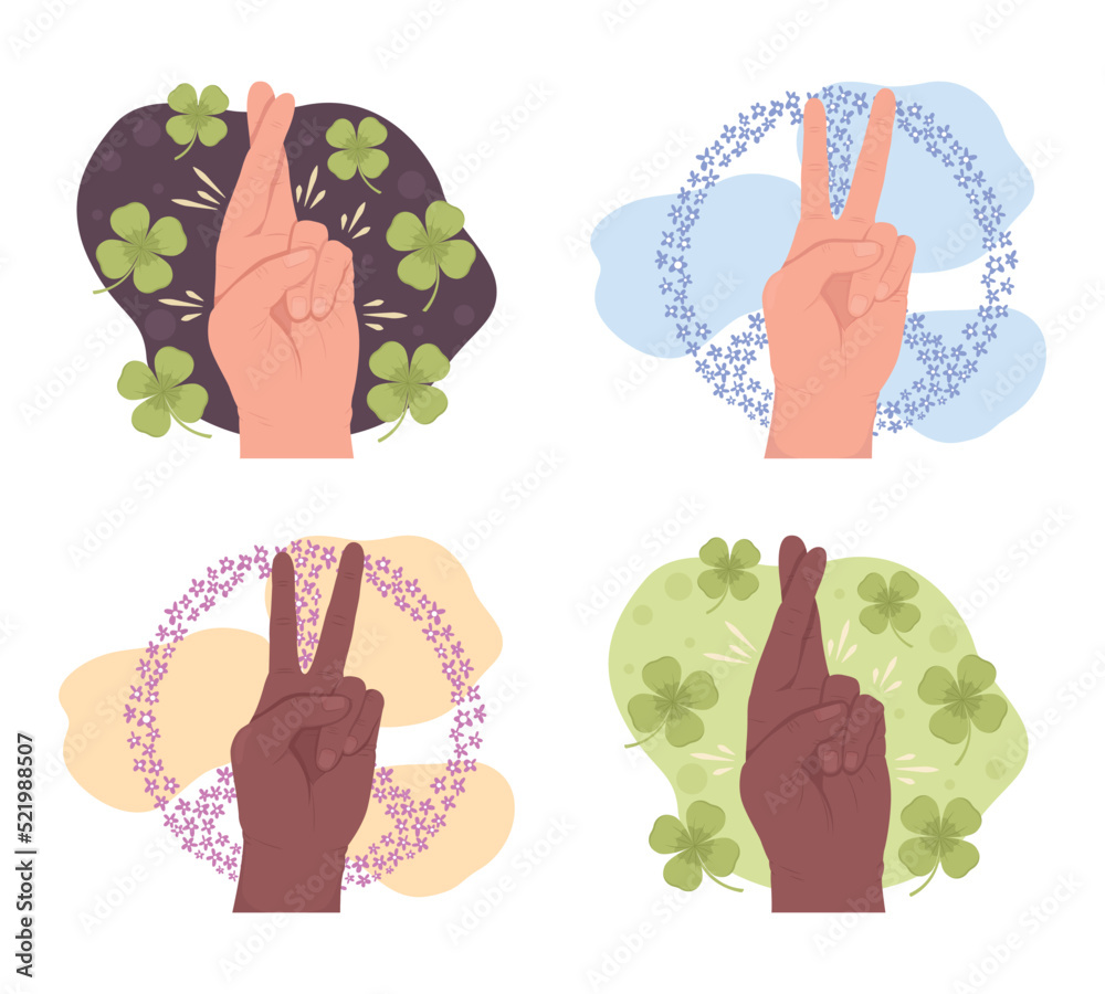 Finger symbols 2D vector isolated illustration set. Peace and luck flat ...