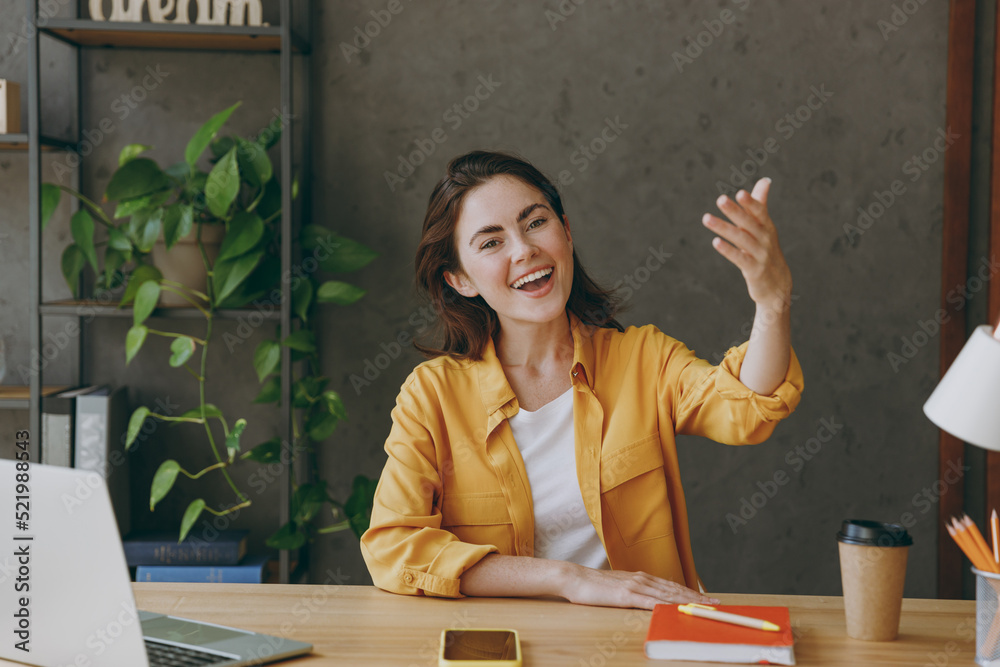 Young smiling successful employee business woman 20s she wear casual ...