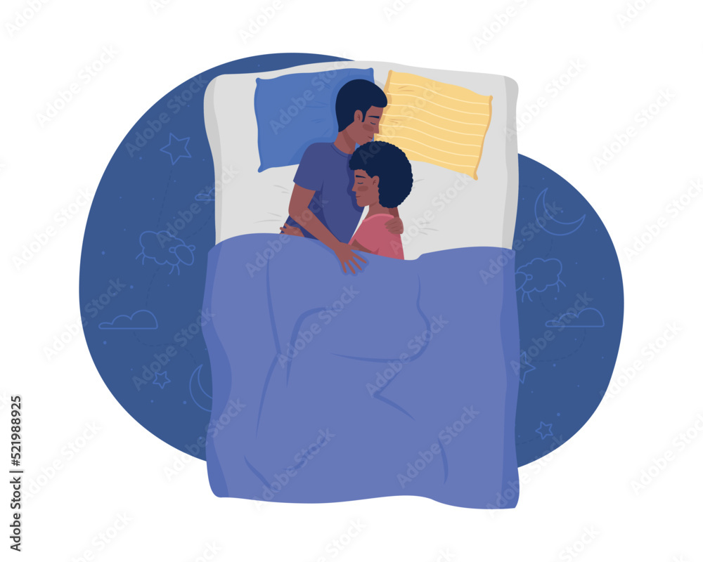 Happy couple sleeping in bed 2D vector isolated illustration. Loving ...